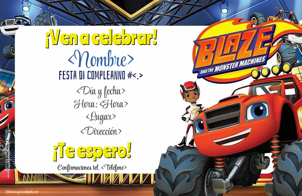 Tarjeta de invitacion con tema Blaze and the Monster Machines ...