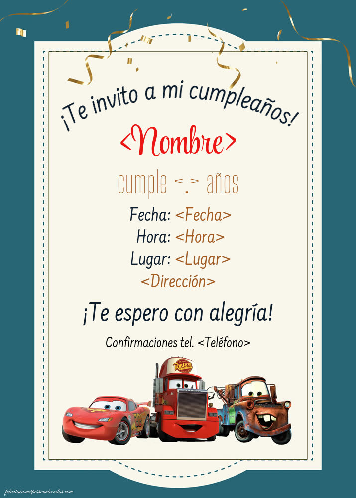 Invitación temática Cars | Personalizar invitaciones de cumpleaños para ...